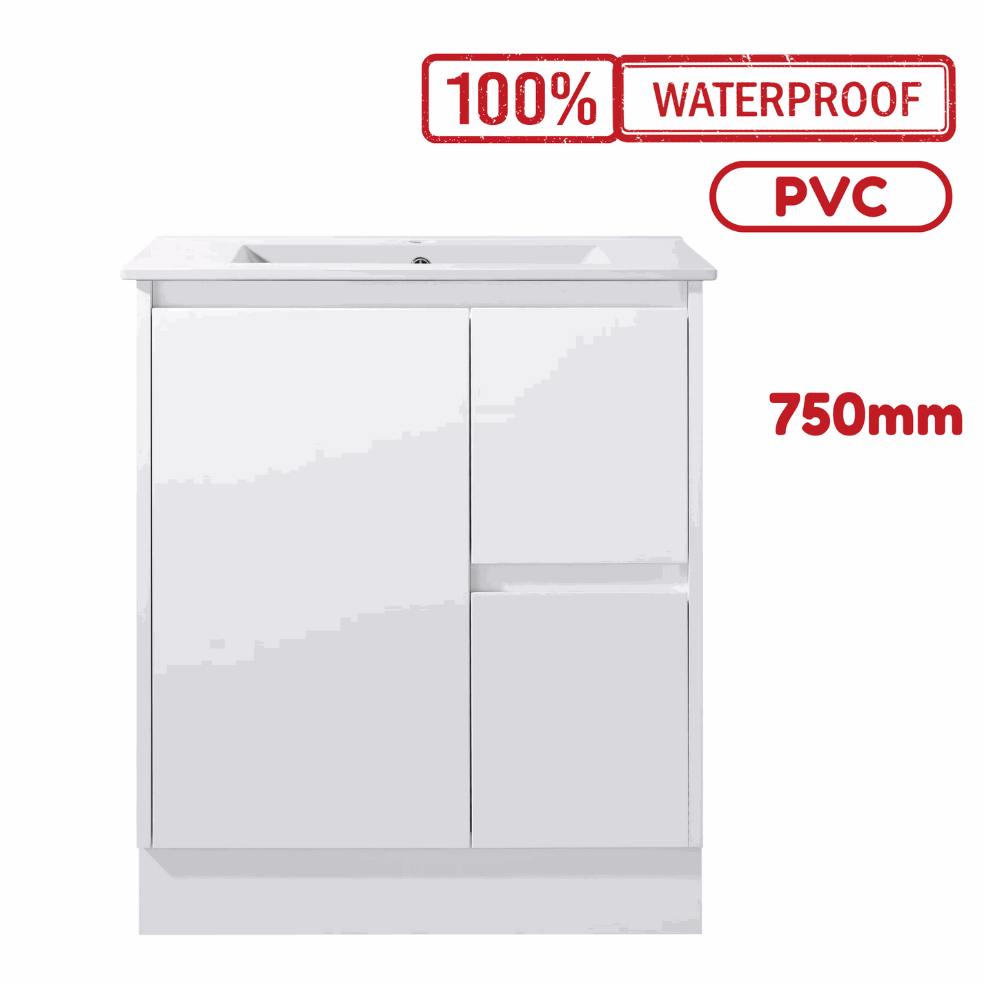 750MM PVC VANITY 100% WATERPROOF GLOSS WHITE FLOOR STANDING WITH CERAM ...