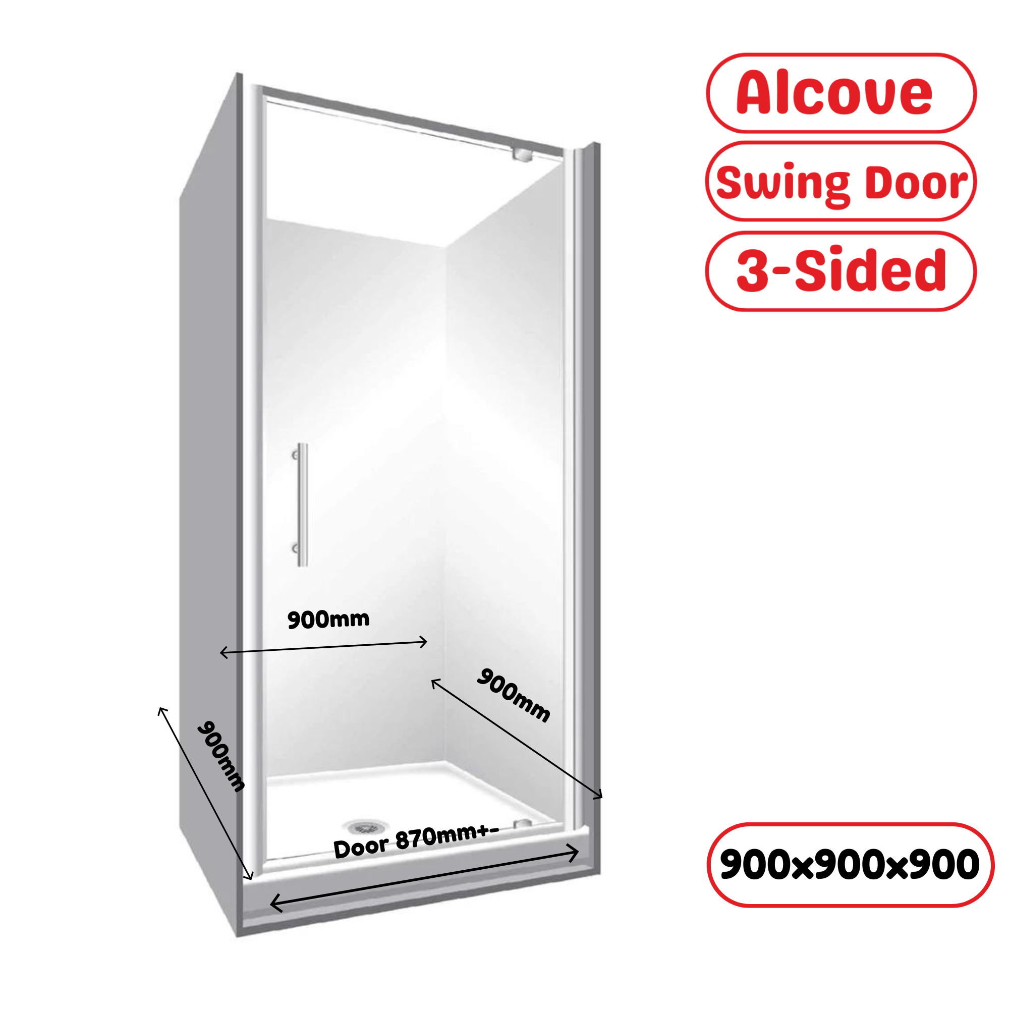 1000X1000X1000MM ALCOVE 3 SIDED SHOWER ENCLOSURE WITH SWING DOOR - CHR – The Tile Collection™